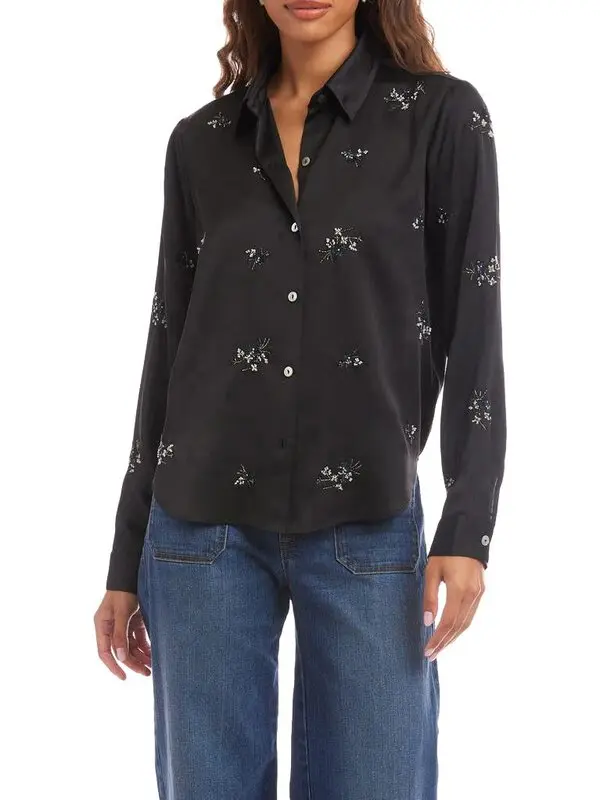 Karen Kane Floral Embellished Satin Shirt - Black