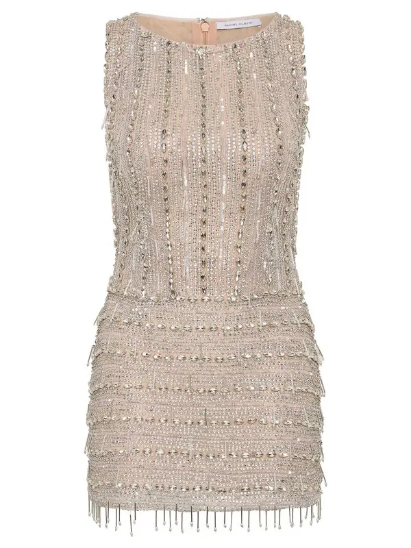 Rachel Gilbert Florentine Fringed Crystal Mini Dress - Silver