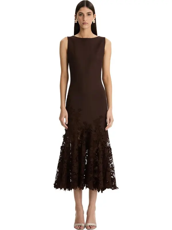 Oscar De La Renta Porcelain Flowers Guipure Midi Dress - Brown
