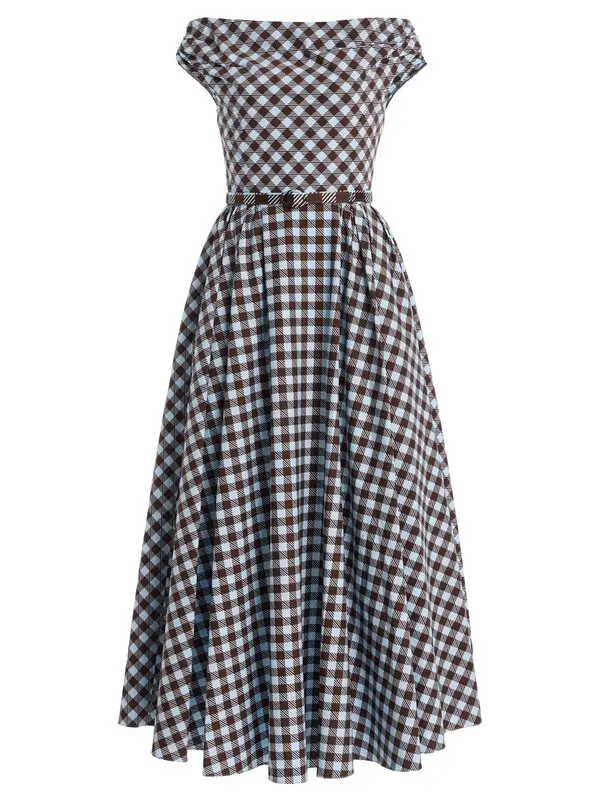Oscar De La Renta Belted Off-the-shoulder Gingham Poplin Midi Dress - Plaid