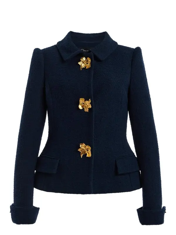 Oscar De La Renta Flower-button Wool-tweed Jacket - Navy