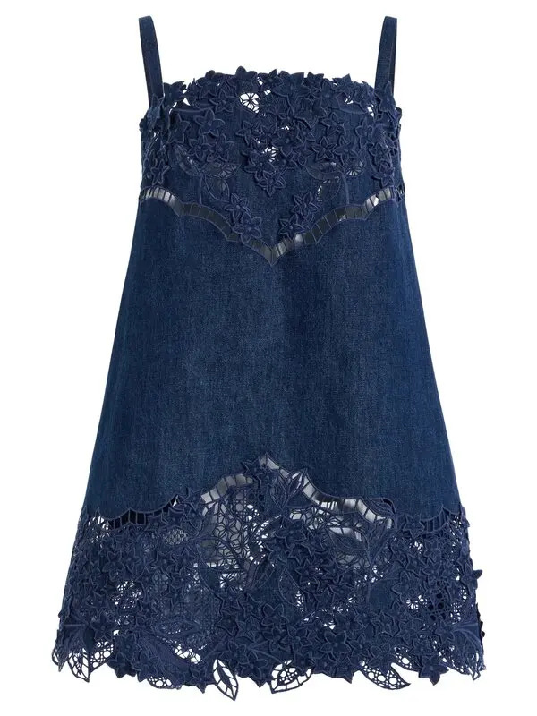 Oscar De La Renta Embroidered Denim Mini Dress - Dark Wash