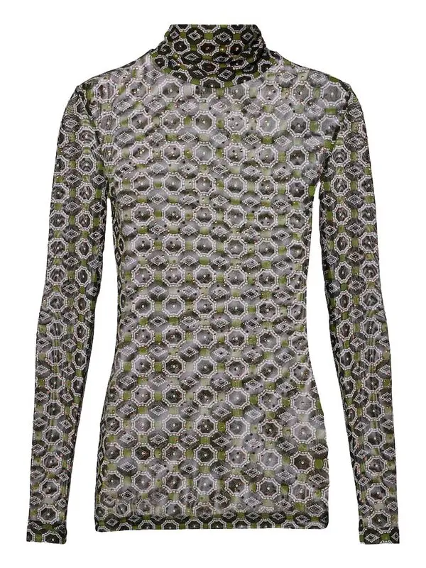 Dries Van Noten Embellished Printed Sheer Jersey Top - Green