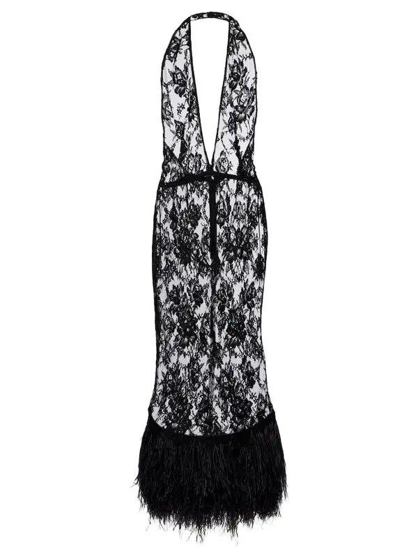 Dolce & Gabbana Feather-trimmed Floral Lace Midi Dress - Black