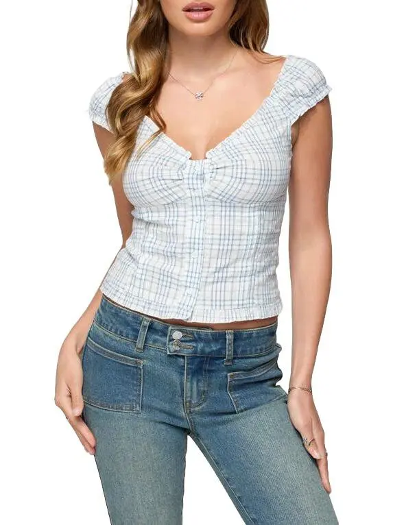 EDIKTED Plaid Cotton Blend Top - Blue