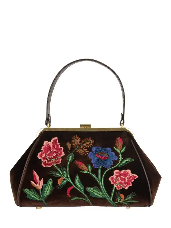 Jeffrey Campbell Frame Floral Embroidered Velvet Shoulder Bag - Brown Velvet Floral Multi