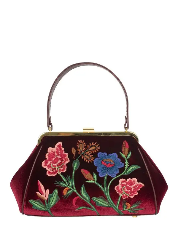 Jeffrey Campbell Frame Floral Embroidered Velvet Shoulder Bag - Wine Velvet Floral Multi