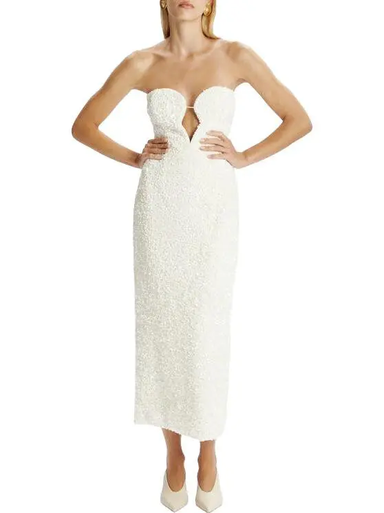 Bardot Braya Sequin Strapless Plunge Neck Midi Dress - Ivory