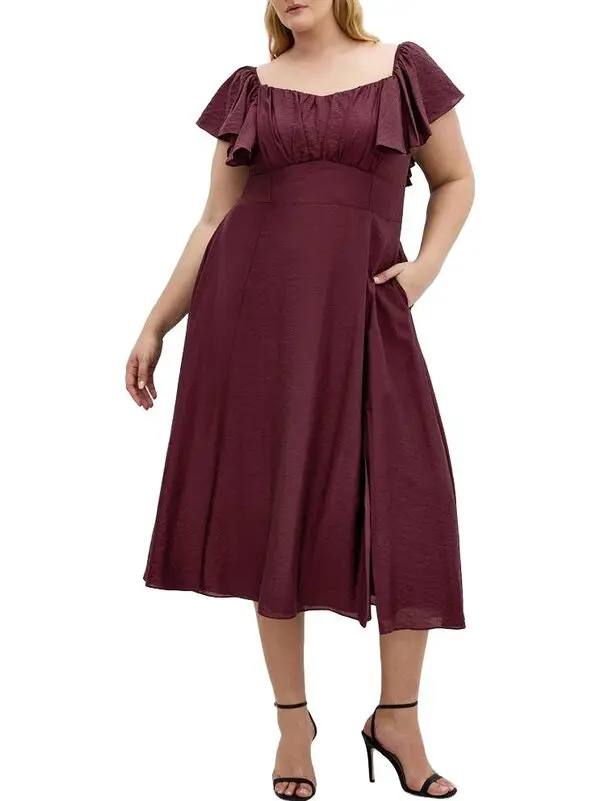 City Chic Alisa Flutter Sleeve Midi Dress - Dark Cherry