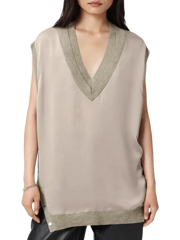 ALLSAINTS Side Snap Mixed Media Sweater Tank - Taupe Grey