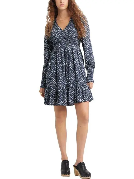 Treasure & Bond Long Sleeve Smocked Bodice Dress - Navy- Grey Ditsy Trail