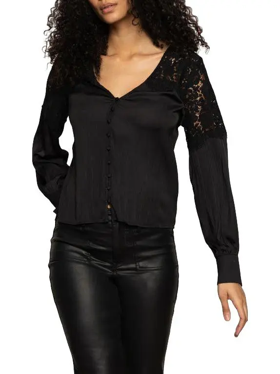 Sanctuary Falling Forward Lace Detail Crinkle Sateen Shirt - Black