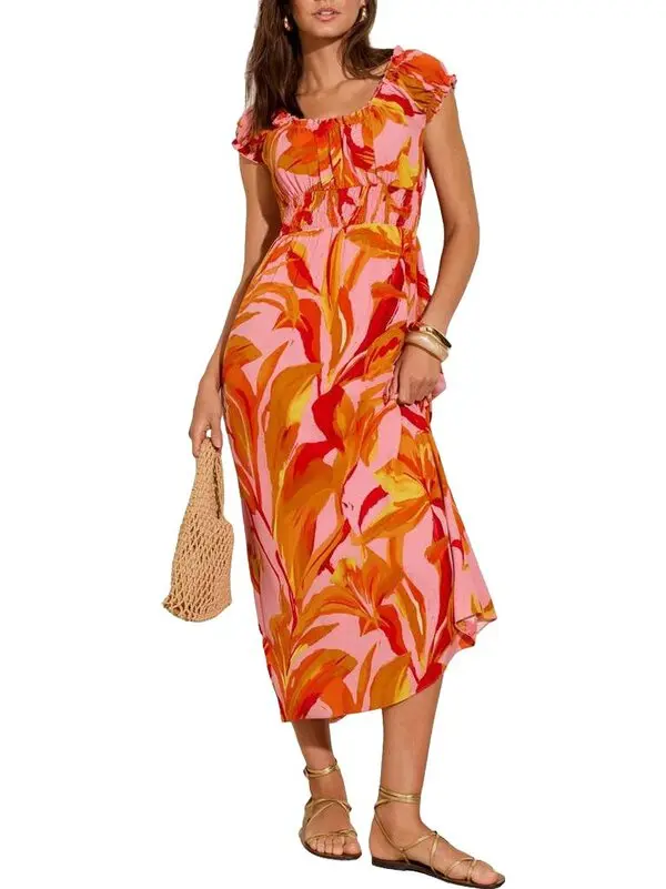 FRIENDS LIKE THESE Ruffle Square Neck Smocked Waist Maxi Sundress - Orange