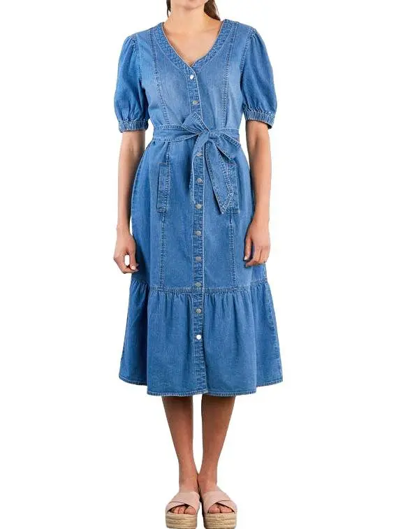 WASH LAB DENIM Ruffle Hem Tie Waist Midi Dress - Denim Love
