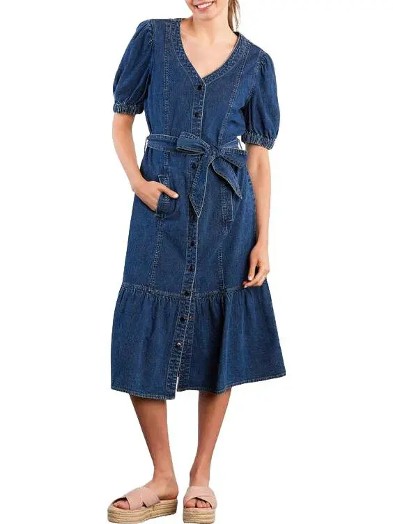WASH LAB DENIM Ruffle Hem Tie Waist Midi Dress - Dusk Blue