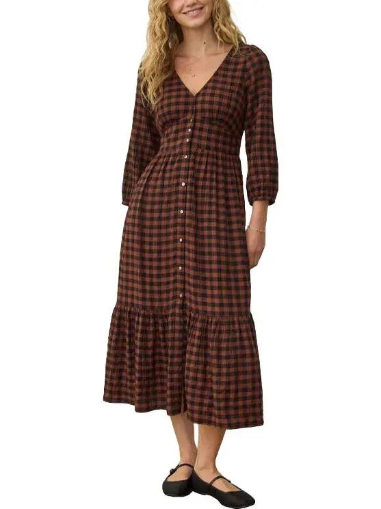 Marine Layer Plaid Long Sleeve Maxi Dress - Espresso Gingham