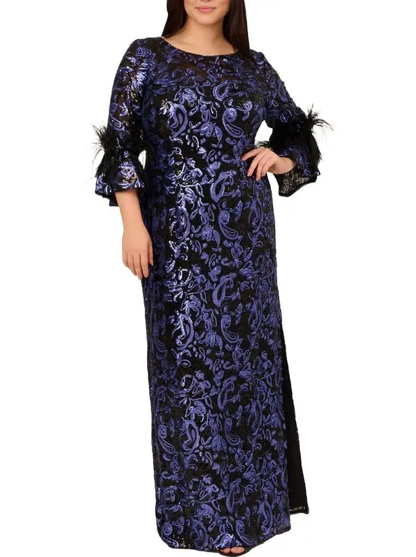Adrianna Papell Sequin Embroidered Gown - Black/blue