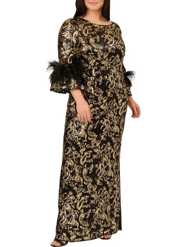 Adrianna Papell Sequin Embroidered Gown - Black/gold