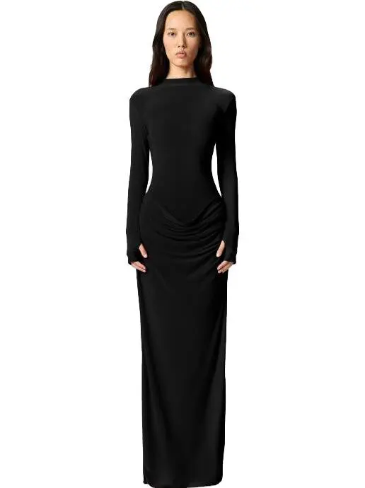 NOCTURNE High-neck Ruched Maxi Dress - Black