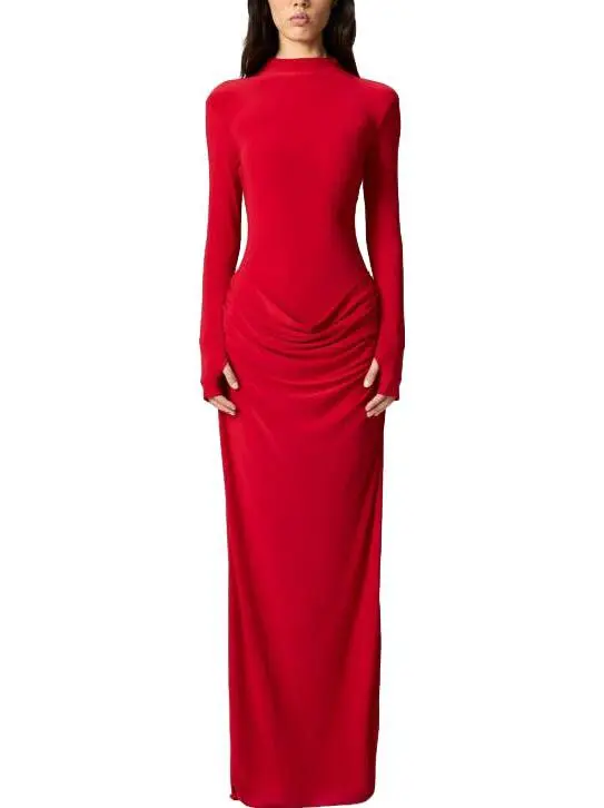 NOCTURNE High-neck Ruched Maxi Dress - Red