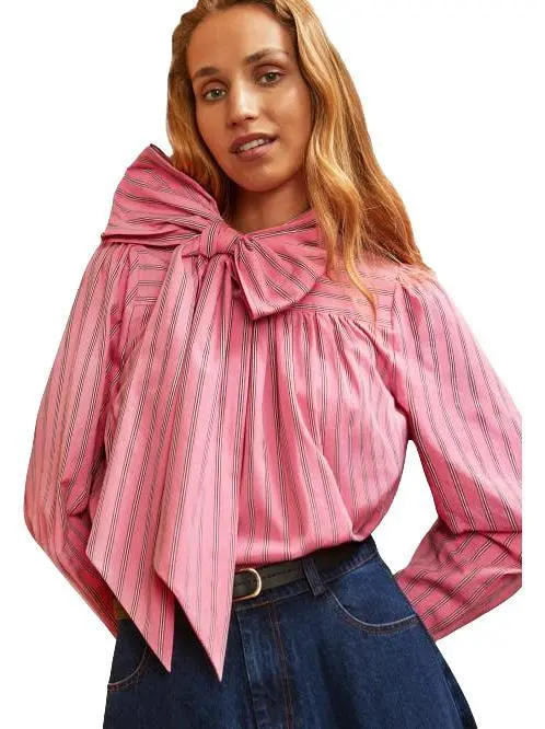 RO&ZO Striped Long Sleeve Blouse With Bow Detail - Pink