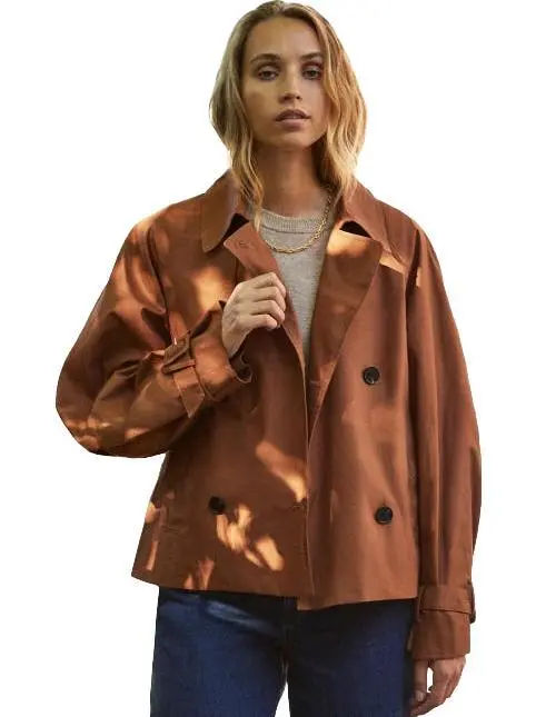 RO&ZO Long Sleeve Cropped Trench Jacket - Brown