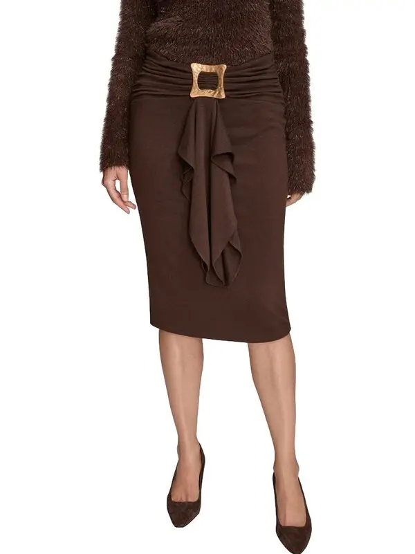 Donna Karan New York Square Buckle Ruffle Knit Skirt - Chocolt Pl