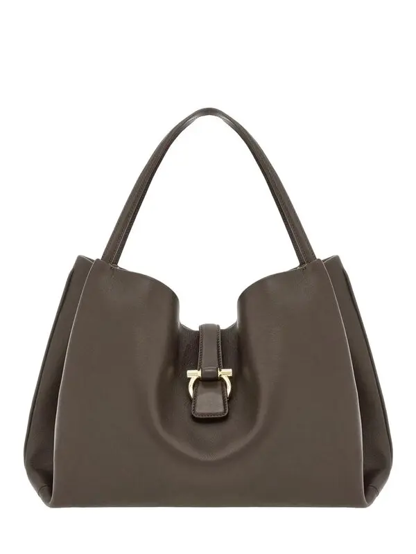 FERRAGAMO Calf Leather Tote Shoulder Bag - Grey