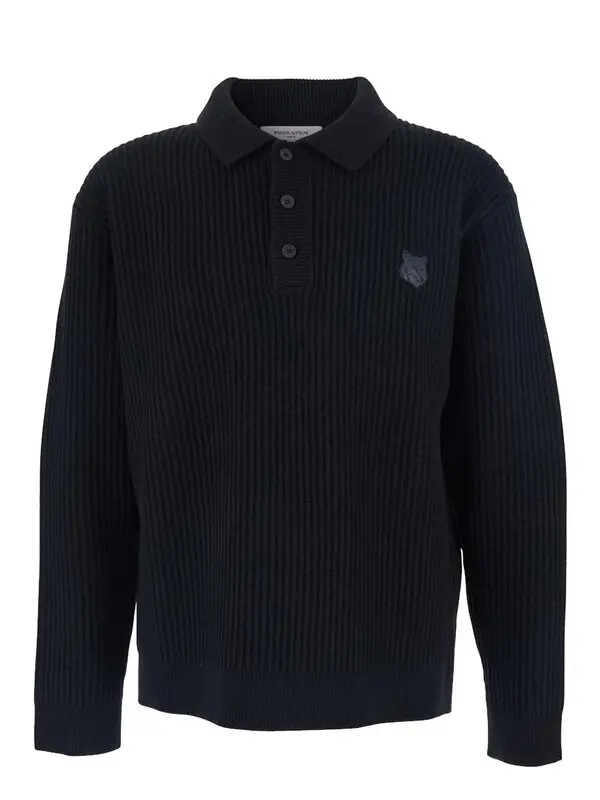 Maison Kitsuné Ribbed Sweater With Front Logo Patch - Black