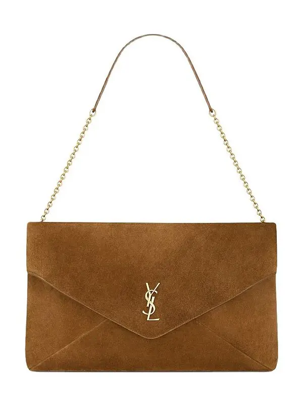 Saint Laurent Cassandre Xxl Pouch On Chain In Suede - Caramel Cognac