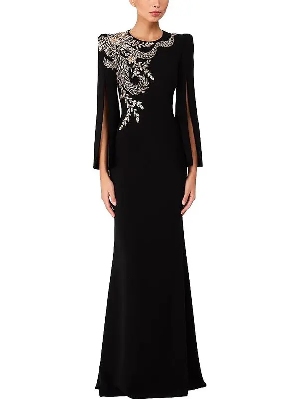 Jenny Packham Floral-embellished Slit-sleeve Maxi Gown - Liquorice