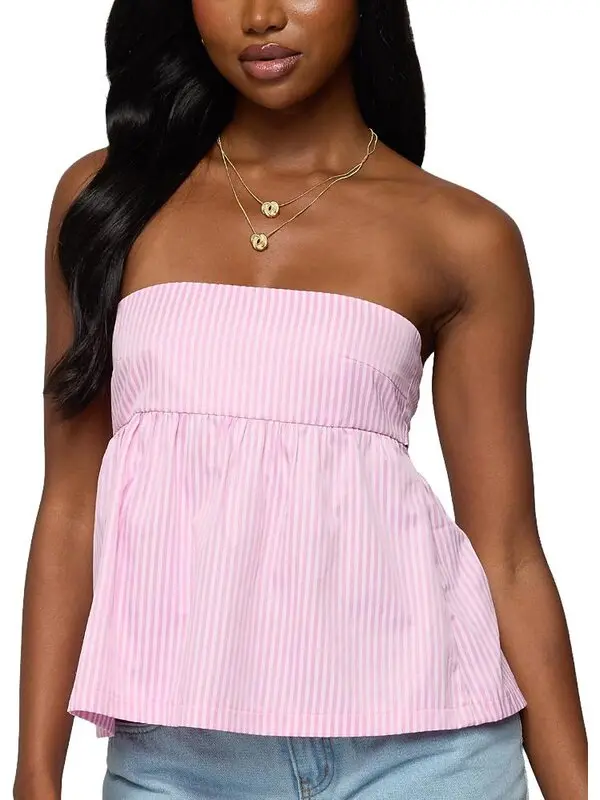 EDIKTED Strapless Striped Babydoll Top - Light Pink