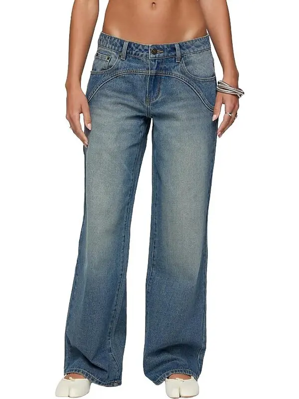 EDIKTED Ronny Curved Stitch Low Rise Jeans - Blue-washed