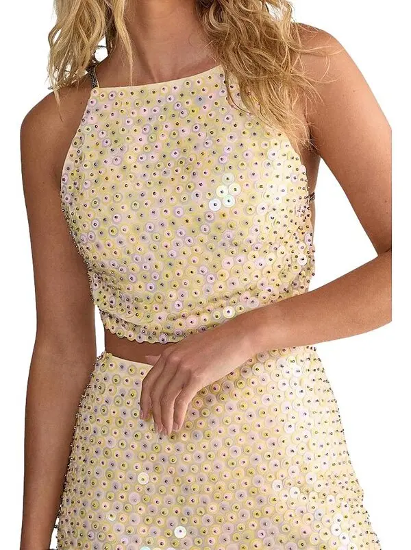 Nasty Gal Studded Sequin Beaded Strap Crop Top - Lemon