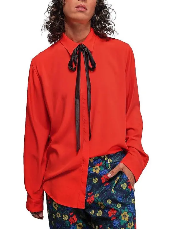 WILDFANG Empower Long Sleeve Bow Button-up Shirt - Chili/black