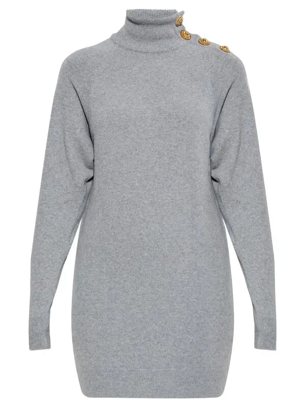 Balmain Sweater Knit Turtleneck Mini Dress - Grey