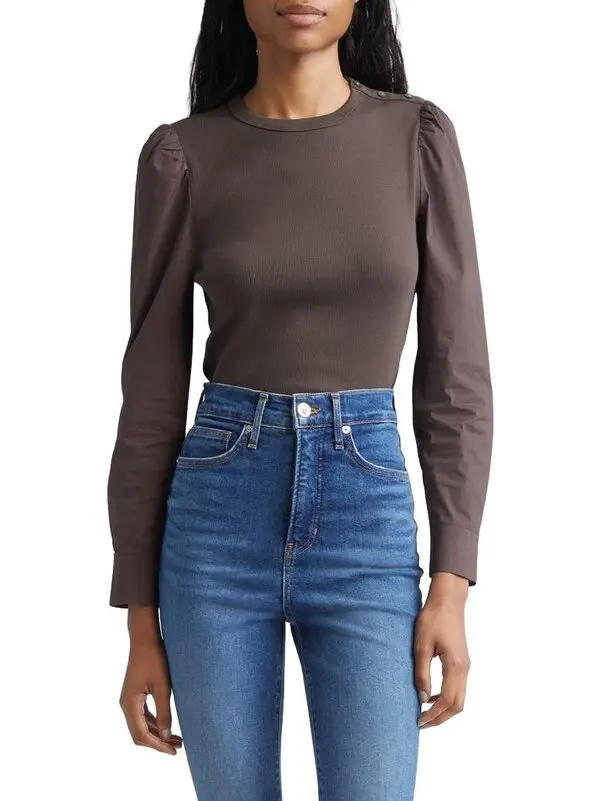 Veronica Beard Fersia Mixed Media Long Sleeve Top - Dark Umber