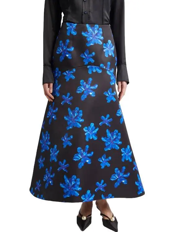 EMILIA WICKSTEAD Tamilla Floral Genzianella Mermaid Skirt - Electric Blue Floral On Black