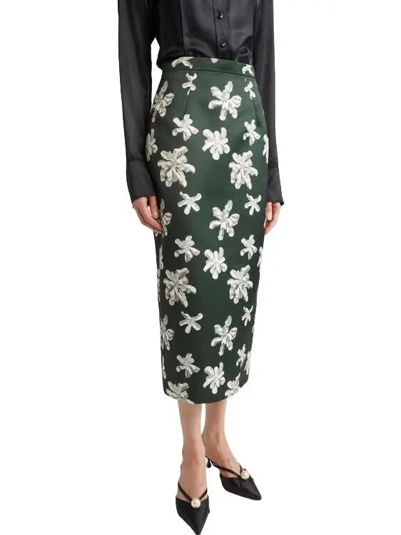 EMILIA WICKSTEAD Lorelei Floral Pencil Skirt - Ivory Floral On Hunter Green