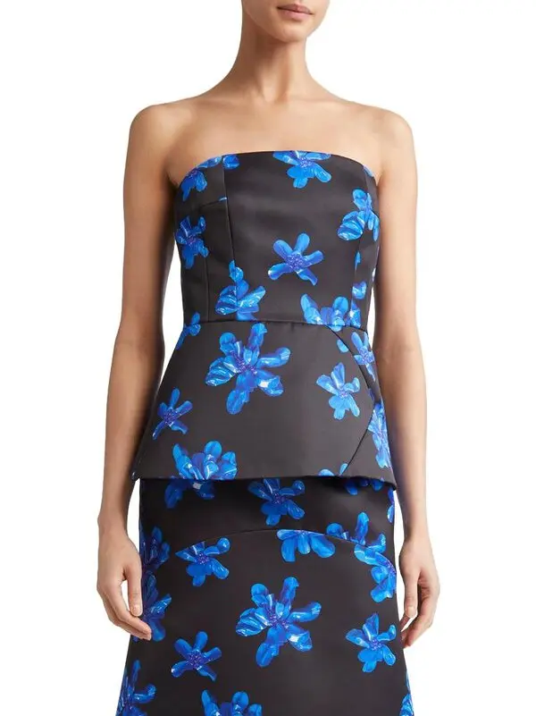 EMILIA WICKSTEAD Regan Floral Strapless Genzianella Peplum Top - Electric Blue Floral On Black