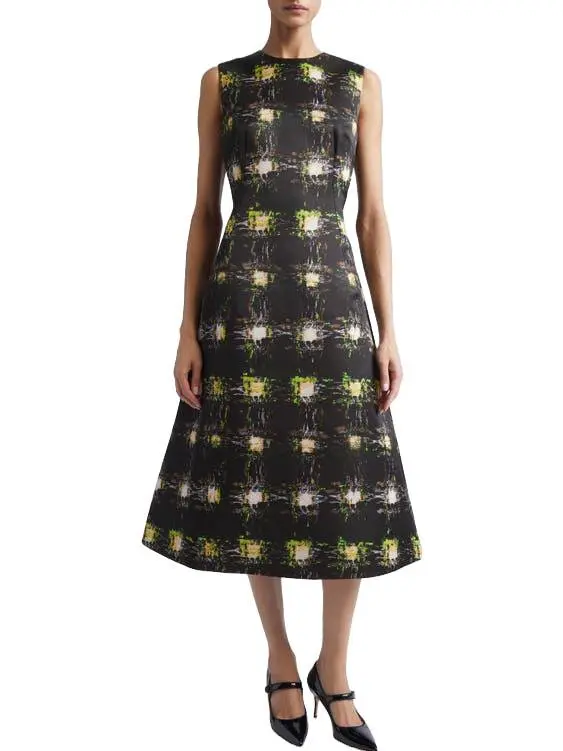 EMILIA WICKSTEAD Rumi Genzianella Fit & Flare Midi Dress - Printed Wool Check Green