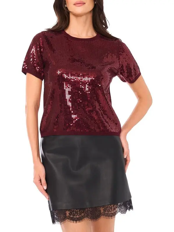 Vince Camuto Sequin Short Sleeve Top - Rich Burgundy