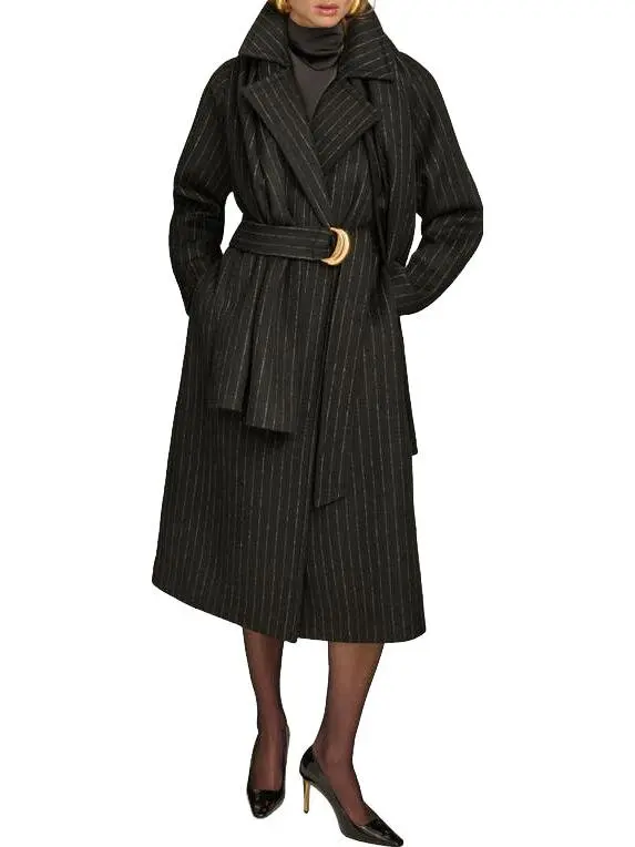 Donna Karan New York Wool-blend Belted Coat With Scarf - Black Chalkstripe