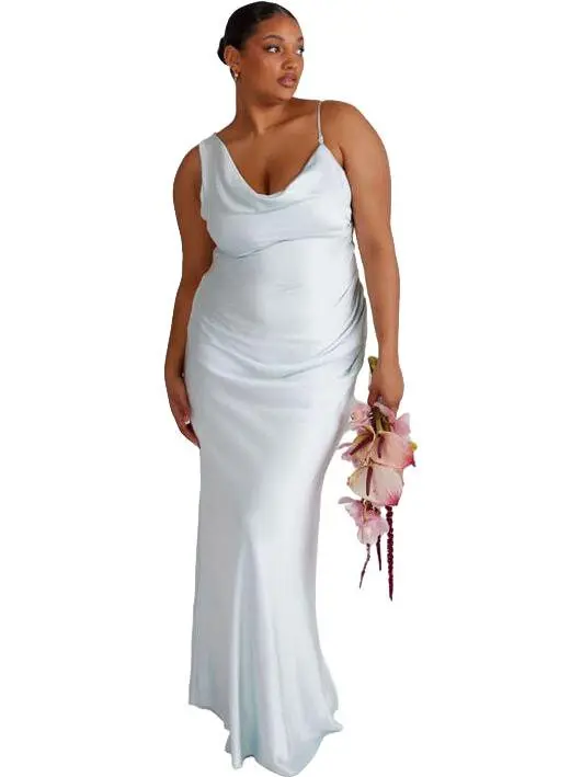 SIX STORIES Cowl Front Asymmetric Bridesmaid Dress - Ice Blue
