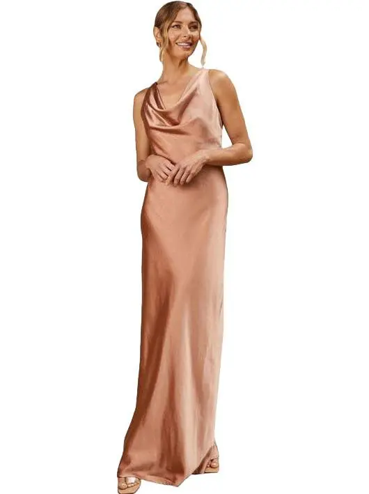 SIX STORIES Satin Cowl Front Maxi Dress - Burnt Peach