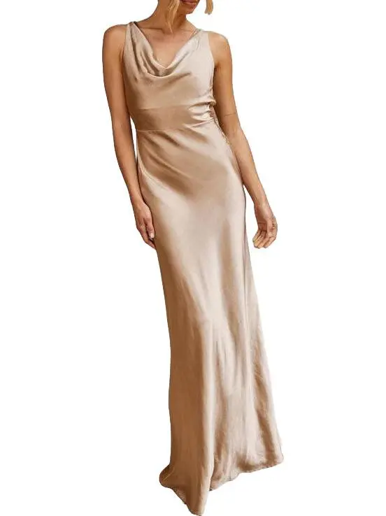 SIX STORIES Satin Cowl Front Maxi Dress - Champange