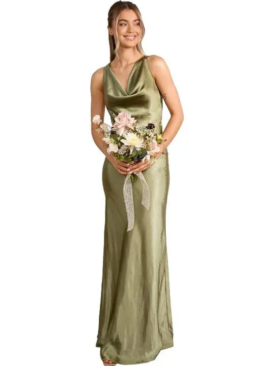 SIX STORIES Satin Cowl Front Maxi Dress - Moss Green