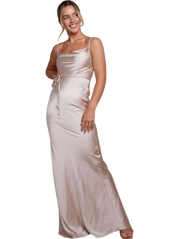 SIX STORIES Cami Cowl Front Satin Maxi Gown - Oyster