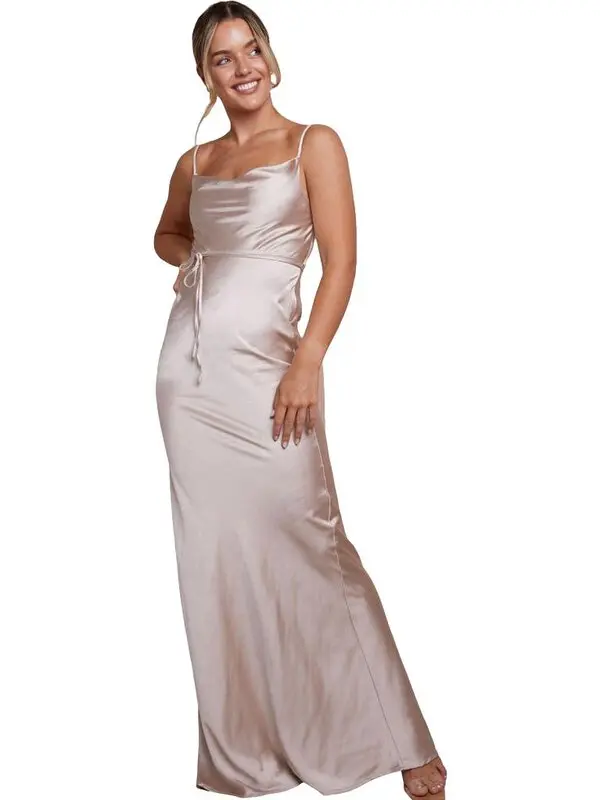 SIX STORIES Cami Cowl Front Satin Maxi Gown - Oyster