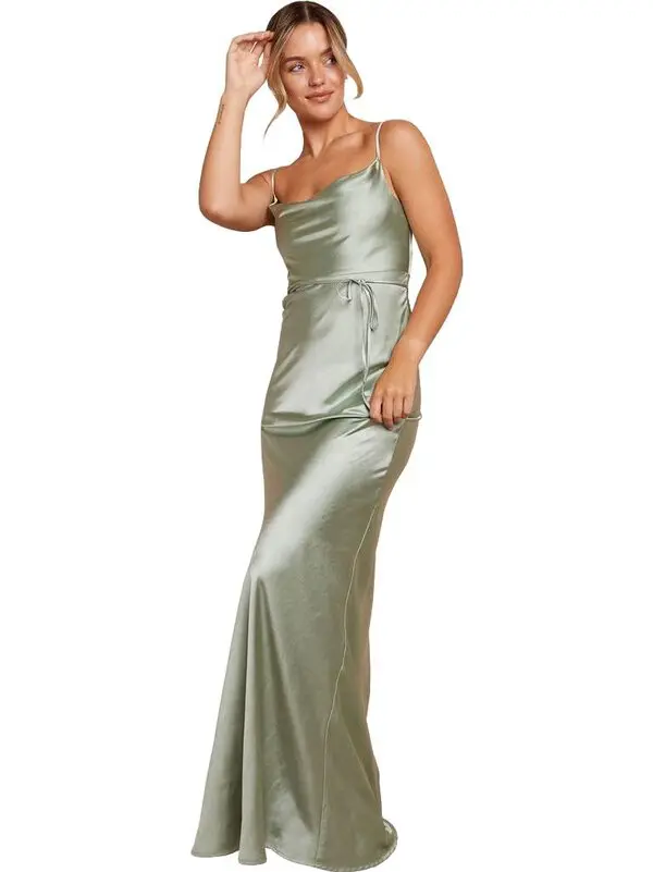 SIX STORIES Cami Cowl Front Satin Maxi Gown - Sage